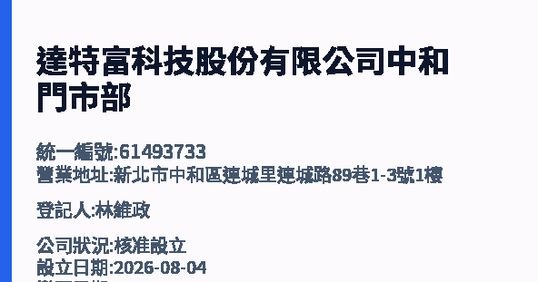 達特富科技股份有限公司中和門市部的照片-統編 61493733(新北市) 公司登記資料與營業項目詳細圖表