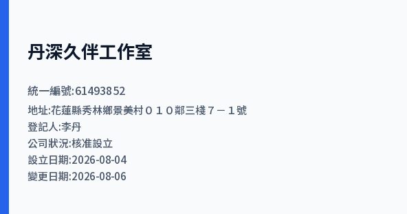 丹深久伴工作室的照片-統編 61493852(花蓮縣) 公司登記資料與營業項目詳細圖表