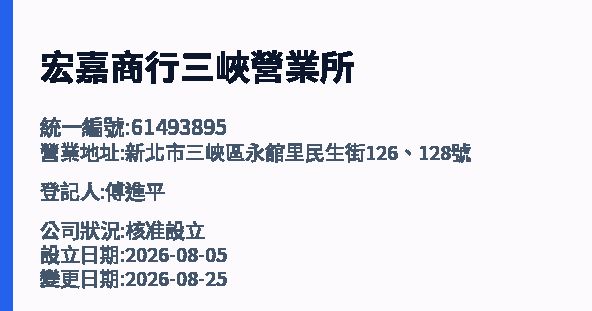 宏嘉商行三峽營業所的照片-統編 61493895(新北市) 公司登記資料與營業項目詳細圖表