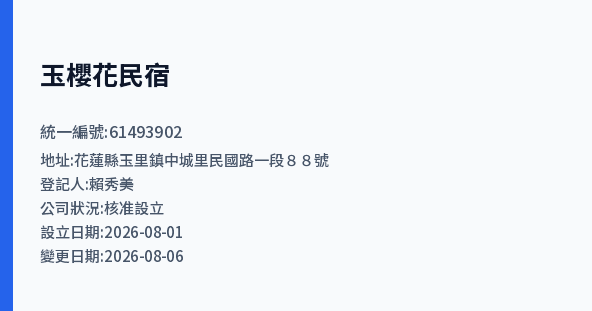玉櫻花民宿的照片-統編 61493902(花蓮縣) 公司登記資料與營業項目詳細圖表