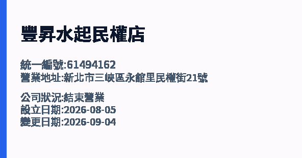 豐昇水起民權店的照片-統編 61494162(新北市) 公司登記資料與營業項目詳細圖表