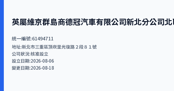 英屬維京群島商德冠汽車有限公司新北分公司北區營業所的照片-統編 61494711(新北市) 公司登記資料與營業項目詳細圖表