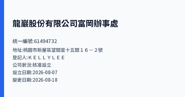 龍巖股份有限公司富岡辦事處的照片-統編 61494732(桃園市) 公司登記資料與營業項目詳細圖表