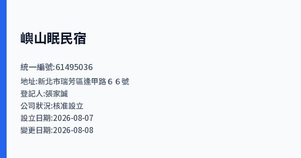 嶼山眠民宿的照片-統編 61495036(新北市) 公司登記資料與營業項目詳細圖表