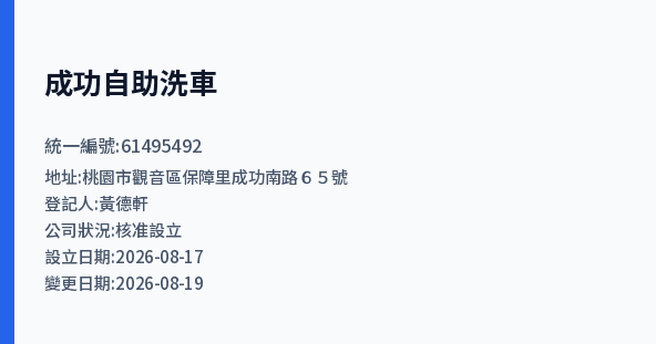 成功自助洗車的照片-統編 61495492(桃園市) 公司登記資料與營業項目詳細圖表