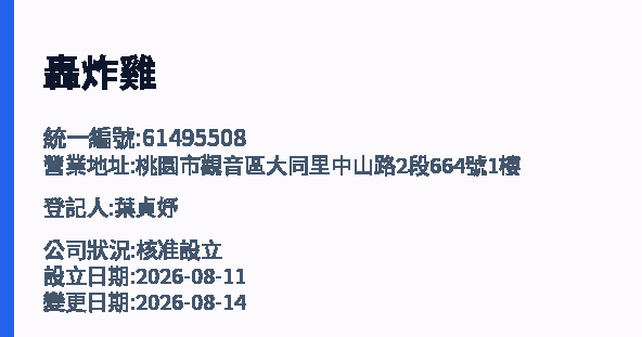 轟炸雞的照片-統編 61495508(桃園市) 公司登記資料與營業項目詳細圖表