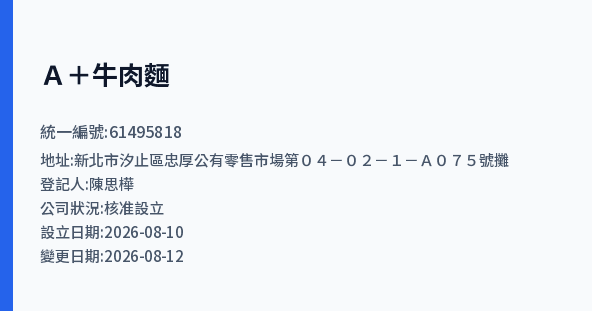 A+牛肉麵的照片-統編 61495818(新北市) 公司登記資料與營業項目詳細圖表