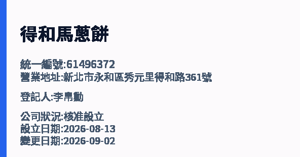 得和馬蔥餅的照片-統編 61496372(新北市) 公司登記資料與營業項目詳細圖表