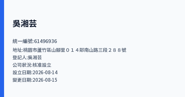 吳湘芸的照片-統編 61496936(桃園市) 公司登記資料與營業項目詳細圖表