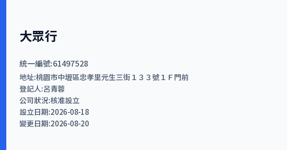 大眾行的照片-統編 61497528(桃園市) 公司登記資料與營業項目詳細圖表