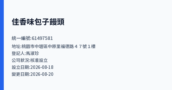 佳香味包子饅頭的照片-統編 61497581(桃園市) 公司登記資料與營業項目詳細圖表