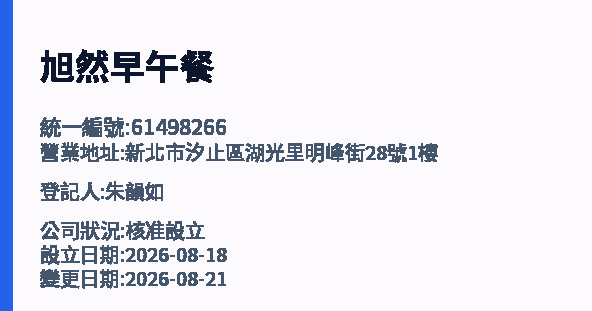 旭然早午餐的照片-統編 61498266(新北市) 公司登記資料與營業項目詳細圖表