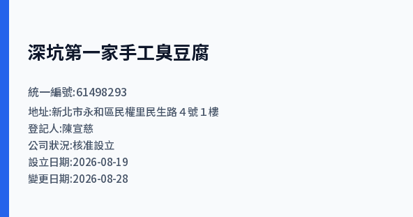 深坑第一家手工臭豆腐的照片-統編 61498293(新北市) 公司登記資料與營業項目詳細圖表