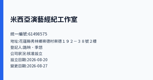 米西亞演藝經紀工作室的照片-統編 61498575(花蓮縣) 公司登記資料與營業項目詳細圖表