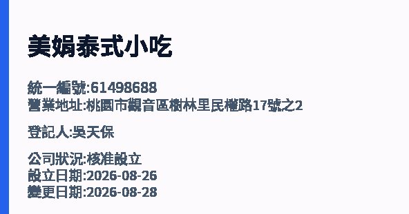 美娟泰式小吃的照片-統編 61498688(桃園市) 公司登記資料與營業項目詳細圖表
