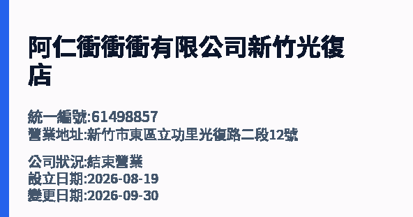 阿仁衝衝衝有限公司新竹光復店的照片-統編 61498857(新竹市) 公司登記資料與營業項目詳細圖表