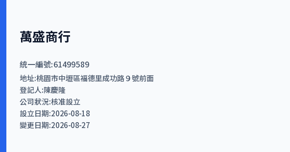 萬盛商行的照片-統編 61499589(桃園市) 公司登記資料與營業項目詳細圖表