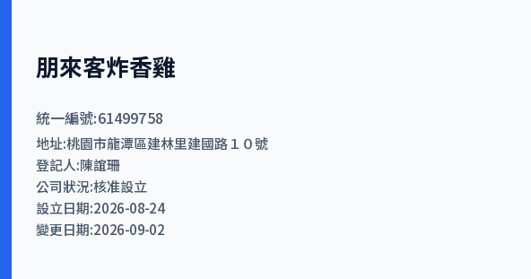朋來客炸香雞的照片-統編 61499758(桃園市) 公司登記資料與營業項目詳細圖表
