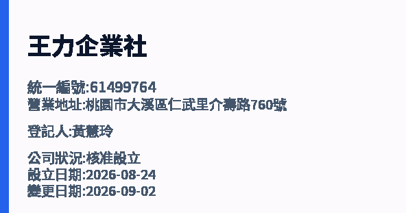 王力企業社的照片-統編 61499764(桃園市) 公司登記資料與營業項目詳細圖表