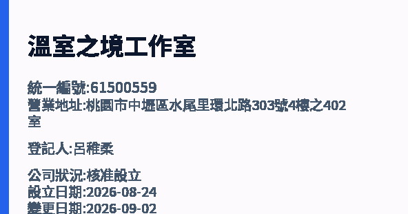 溫室之境工作室的照片-統編 61500559(桃園市) 公司登記資料與營業項目詳細圖表
