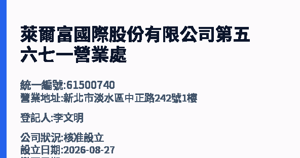 萊爾富國際股份有限公司第五六七一營業處的照片-統編 61500740(新北市) 公司登記資料與營業項目詳細圖表