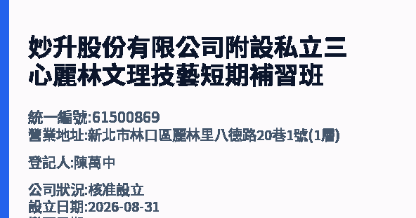 妙升股份有限公司附設私立三心麗林文理技藝短期補習班的照片-統編 61500869(新北市) 公司登記資料與營業項目詳細圖表