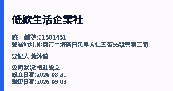 低欸生活企業社的照片-統編 61501451(桃園市) 公司登記資料與營業項目詳細圖表