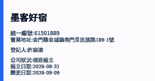 墨客好宿的照片-統編 61501889(金門縣) 公司登記資料與營業項目詳細圖表