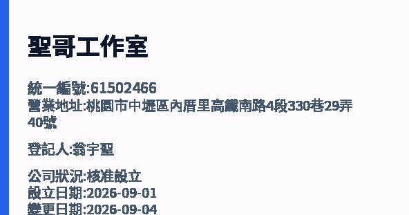 聖哥工作室的照片-統編 61502466(桃園市) 公司登記資料與營業項目詳細圖表