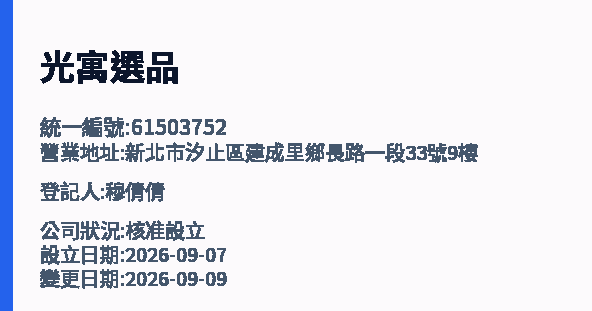 光寓選品的照片-統編 61503752(新北市) 公司登記資料與營業項目詳細圖表