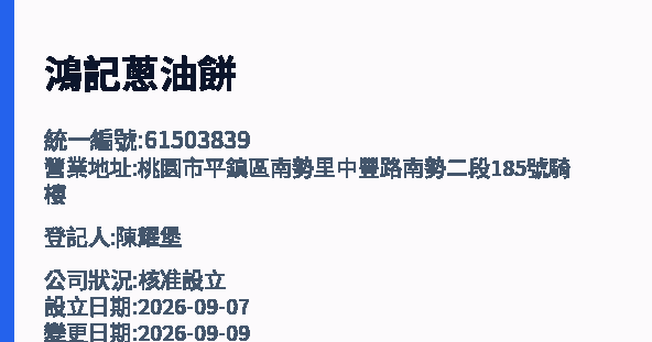 鴻記蔥油餅的照片-統編 61503839(桃園市) 公司登記資料與營業項目詳細圖表