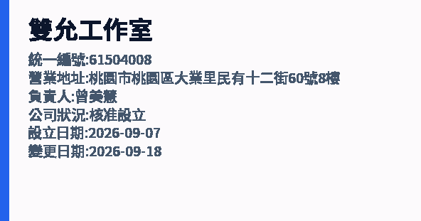 雙允工作室的照片-統編 61504008(桃園市) 公司登記資料與營業項目詳細圖表
