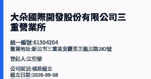 大朵國際開發股份有限公司三重營業所的照片-統編 61504204(新北市) 公司登記資料與營業項目詳細圖表