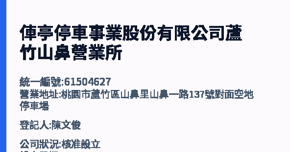 俥亭停車事業股份有限公司蘆竹山鼻營業所的照片-統編 61504627(桃園市) 公司登記資料與營業項目詳細圖表