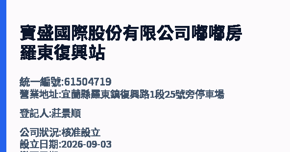 寶盛國際股份有限公司嘟嘟房羅東復興站的照片-統編 61504719(宜蘭縣) 公司登記資料與營業項目詳細圖表