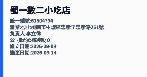 蜀一數二小吃店的照片-統編 61504794(桃園市) 公司登記資料與營業項目詳細圖表