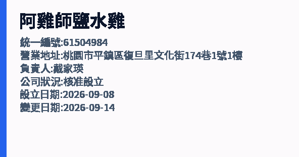 阿雞師鹽水雞的照片-統編 61504984(桃園市) 公司登記資料與營業項目詳細圖表