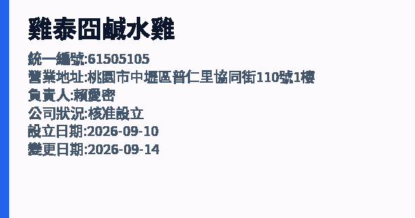 雞泰囧鹹水雞的照片-統編 61505105(桃園市) 公司登記資料與營業項目詳細圖表