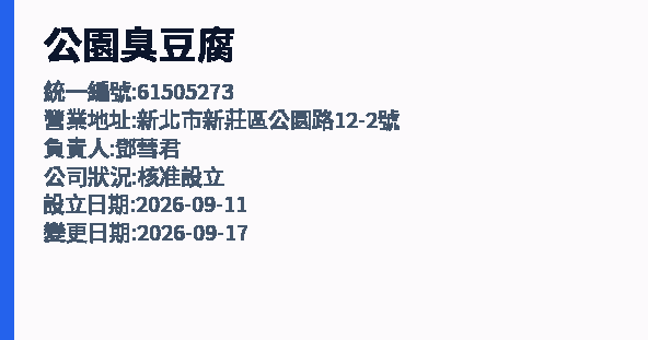 公園臭豆腐的照片-統編 61505273(新北市) 公司登記資料與營業項目詳細圖表