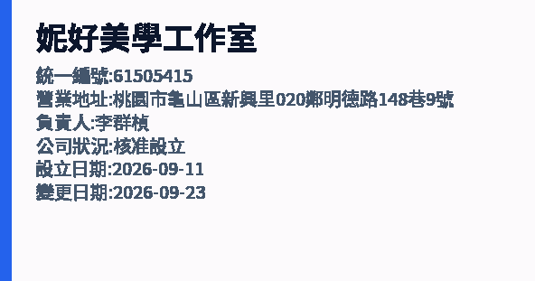 妮好美學工作室的照片-統編 61505415(桃園市) 公司登記資料與營業項目詳細圖表
