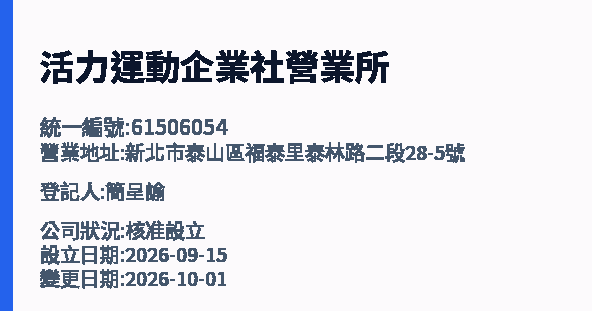 活力運動企業社營業所的照片-統編 61506054(新北市) 公司登記資料與營業項目詳細圖表