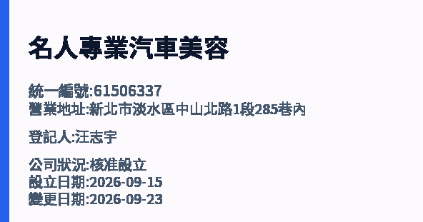 名人專業汽車美容的照片-統編 61506337(新北市) 公司登記資料與營業項目詳細圖表