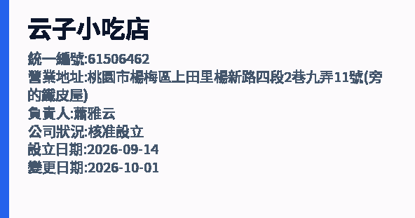 云子小吃店的照片-統編 61506462(桃園市) 公司登記資料與營業項目詳細圖表