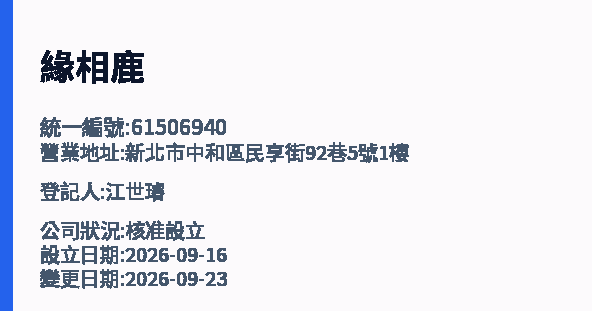 緣相鹿的照片-統編 61506940(新北市) 公司登記資料與營業項目詳細圖表
