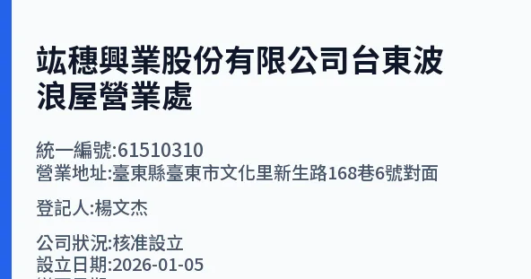 竑穗興業股份有限公司台東波浪屋營業處的照片-統編 61510310(臺東縣) 公司登記資料與營業項目詳細圖表
