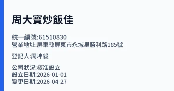 周大寶炒飯佳的照片-統編 61510830(屏東縣) 公司登記資料與營業項目詳細圖表