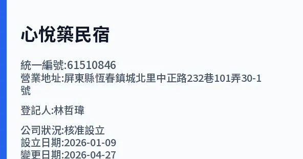 心悅築民宿的照片-統編 61510846(屏東縣) 公司登記資料與營業項目詳細圖表