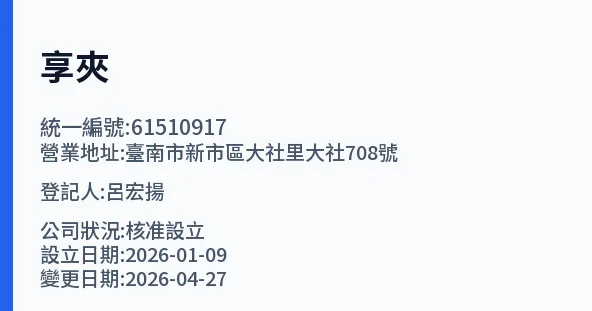 享夾的照片-統編 61510917(臺南市) 公司登記資料與營業項目詳細圖表