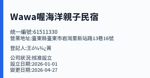 Wawa喔海洋親子民宿的照片-統編 61511330(臺東縣) 公司登記資料與營業項目詳細圖表
