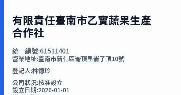 有限責任臺南市乙寶蔬果生產合作社的照片-統編 61511401(臺南市) 公司登記資料與營業項目詳細圖表